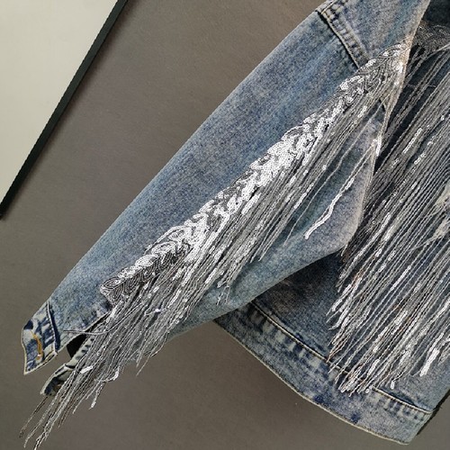 New Women Fringed Sequined Tassel Denim Jacket Loose Short Jean Coat ...