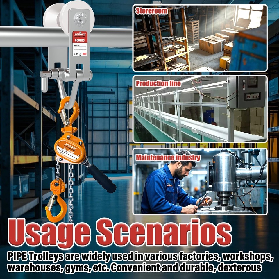 600LB Pipe Trolley Hoist - Ball Bearing Roller Cart for Round Pipe ...