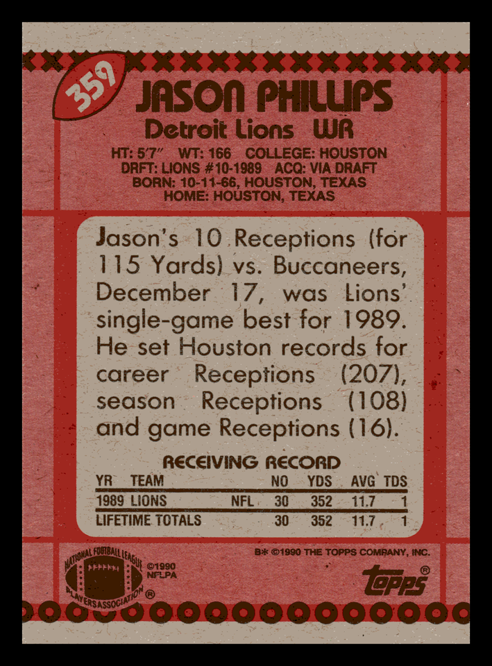 1990 Topps Jason Phillips Detroit Lions #359 NM-MINT | eBay