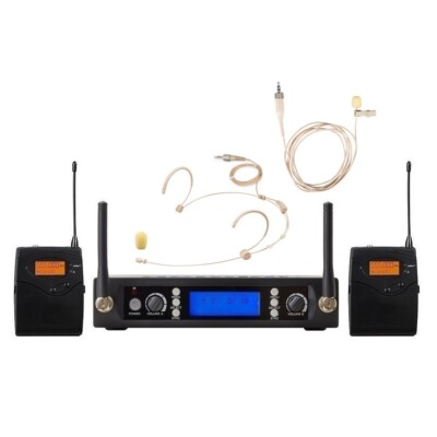 UHF Dual Channel Wireless Headworn Lavalier Collar Microphone Mike ...