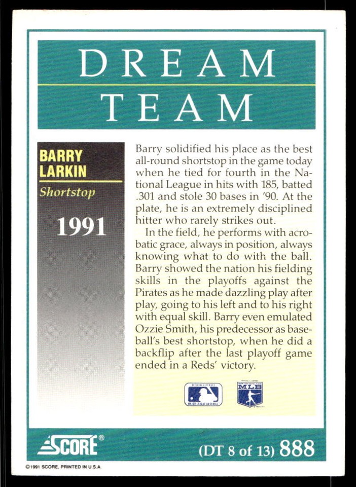 1991 Score 888 Barry Larkin Cincinnati Reds DT Baseball Card | eBay