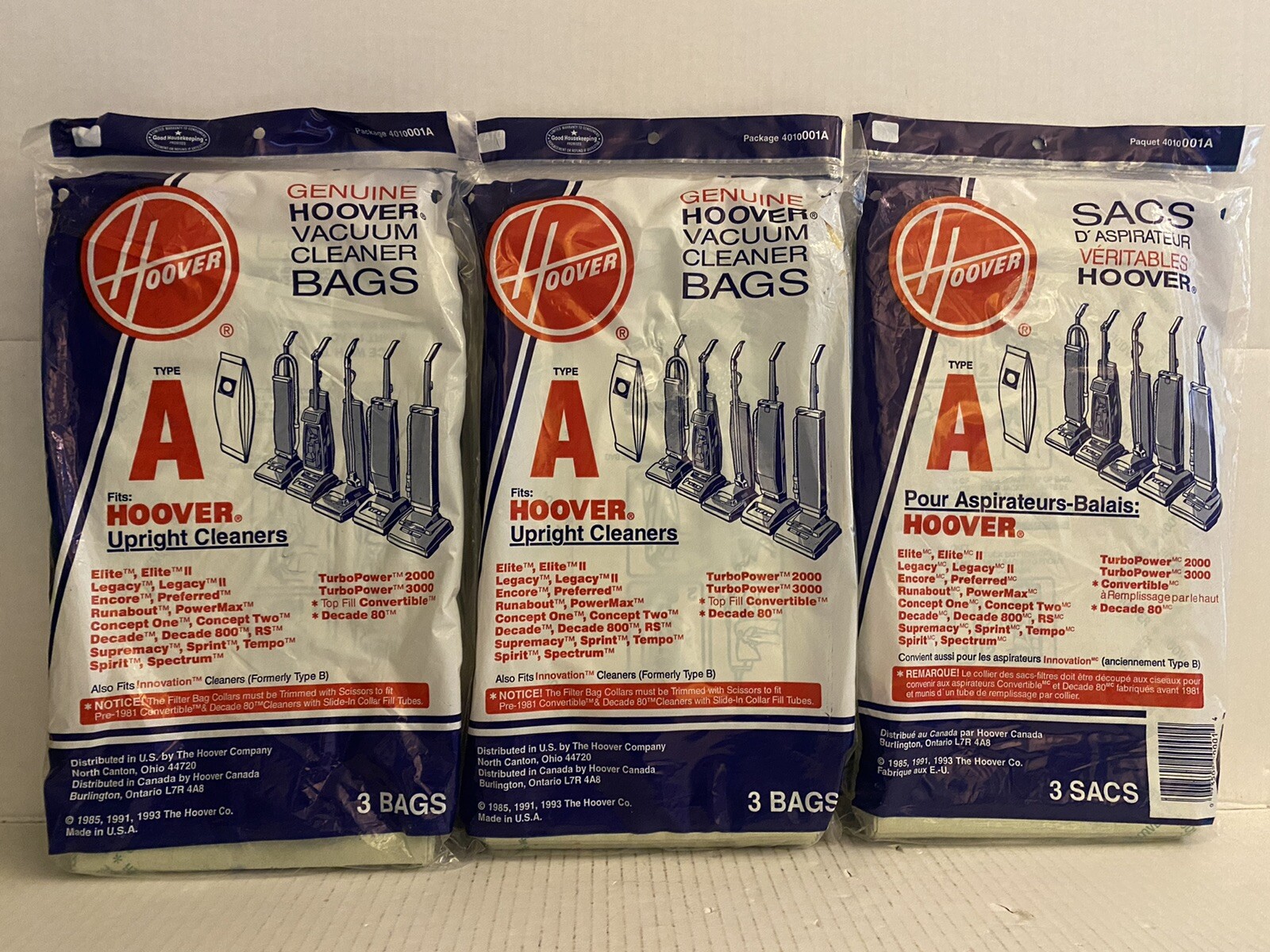 Lot of 3: Genuine Hoover Type A Vacuum Bags Fits Upright Cleaners, 9 ...