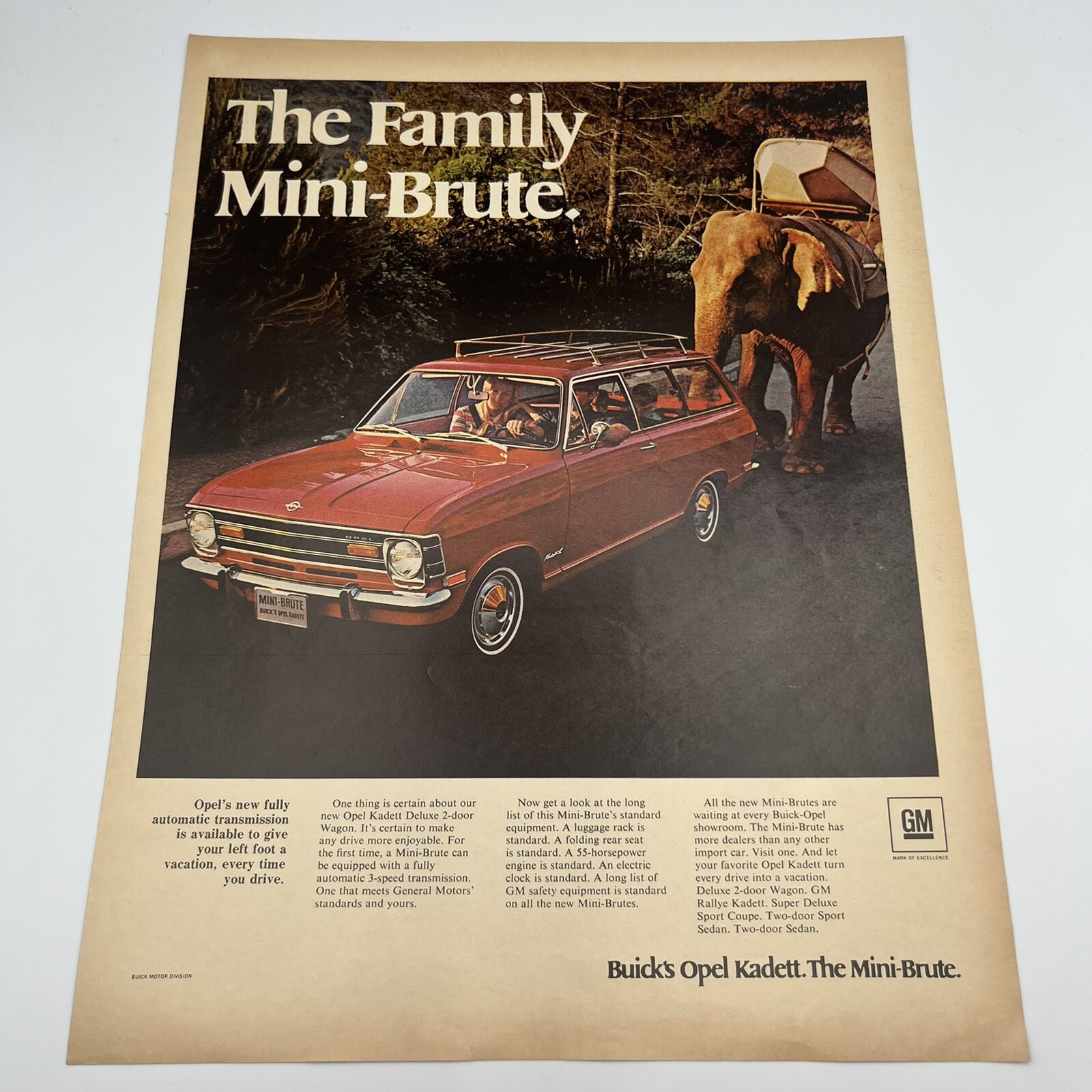 1969 Buick Opel Kadett Vintage Print Ad 10"x13.5" the family mini brute ...