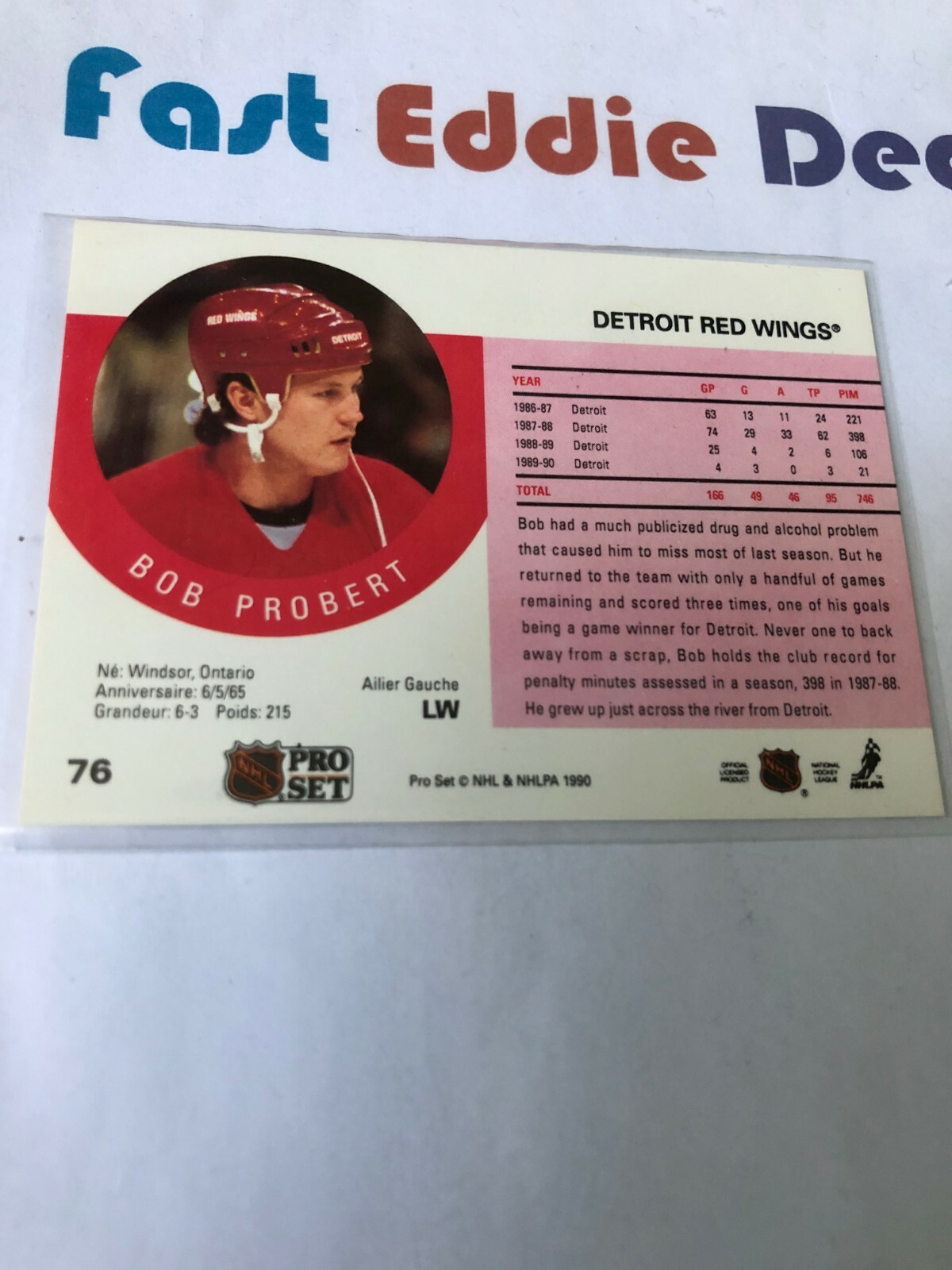 PRO SET NHL HOCKEY 1990 BOB PROBERT CARD 76 DETROIT RED WINGS EXCELLENT ...