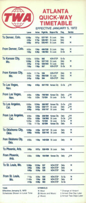 TWA Trans World Airlines Atlanta timetable 1/5/72 [1023] Buy 4+ save 50 ...