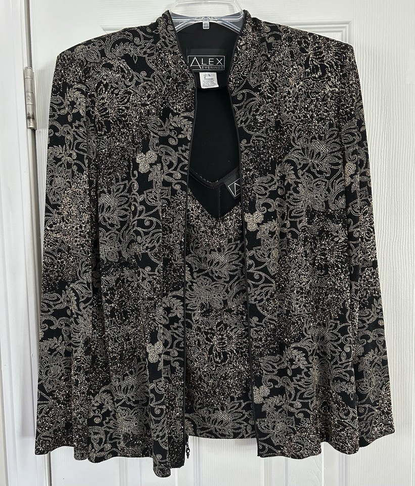 VTG Alex Evenings 2 Pc. Tank & Jacket Black/Gold Glitter Sparkle Sz L ...