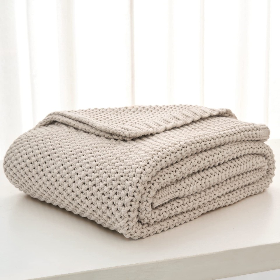 Chunky Cable Knit Throw Blanket Lightweight Beige 100% Organic Cotton ...