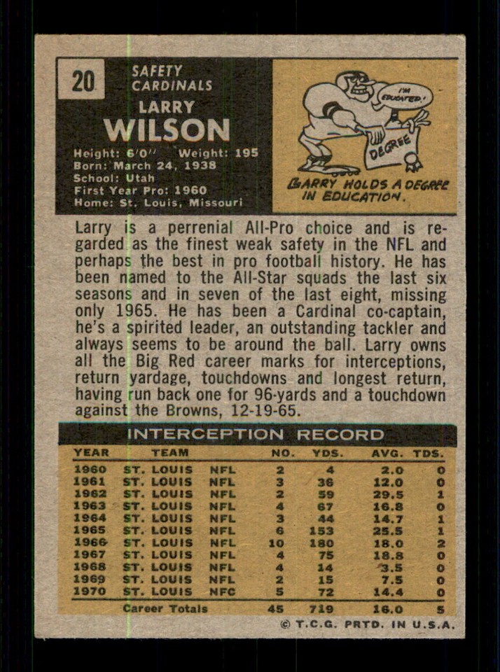 1971 Topps #20 Larry Wilson - Crease Free | eBay