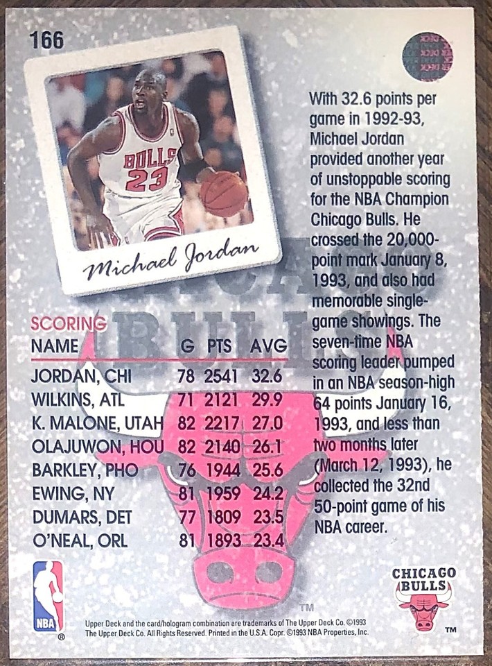 1993-94 UPPER DECK MICHAEL JORDAN SEASON LEADERS SCORING CARD CHICAGO ...