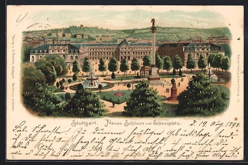 Lithographie Stuttgart, Neues Schloss und Schlossplatz mit Denkmal 1898 ...