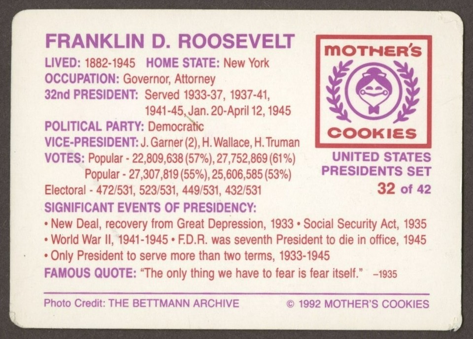 Franklin D Roosevelt 1992 Mothers Cookies Presidents Trading Card | eBay