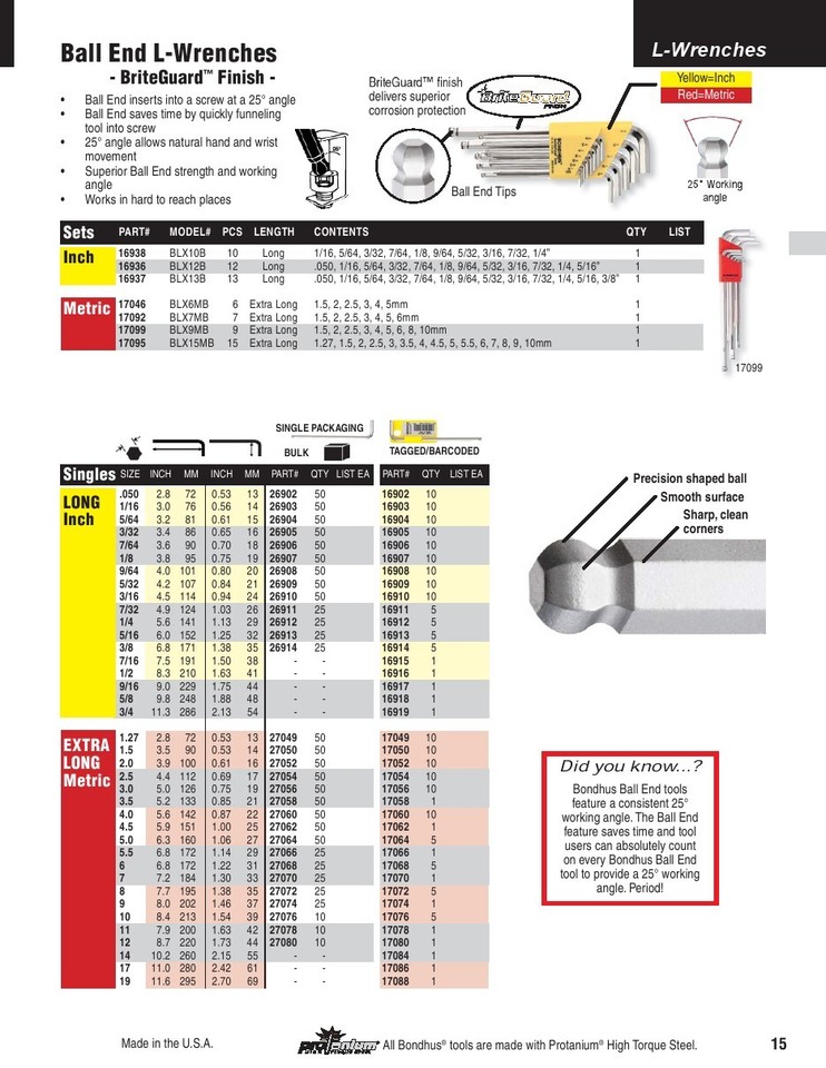 10pcs 1/16" Hex Balldriver Long Arm L-Wrench Briteguard Chrome Bondhus ...