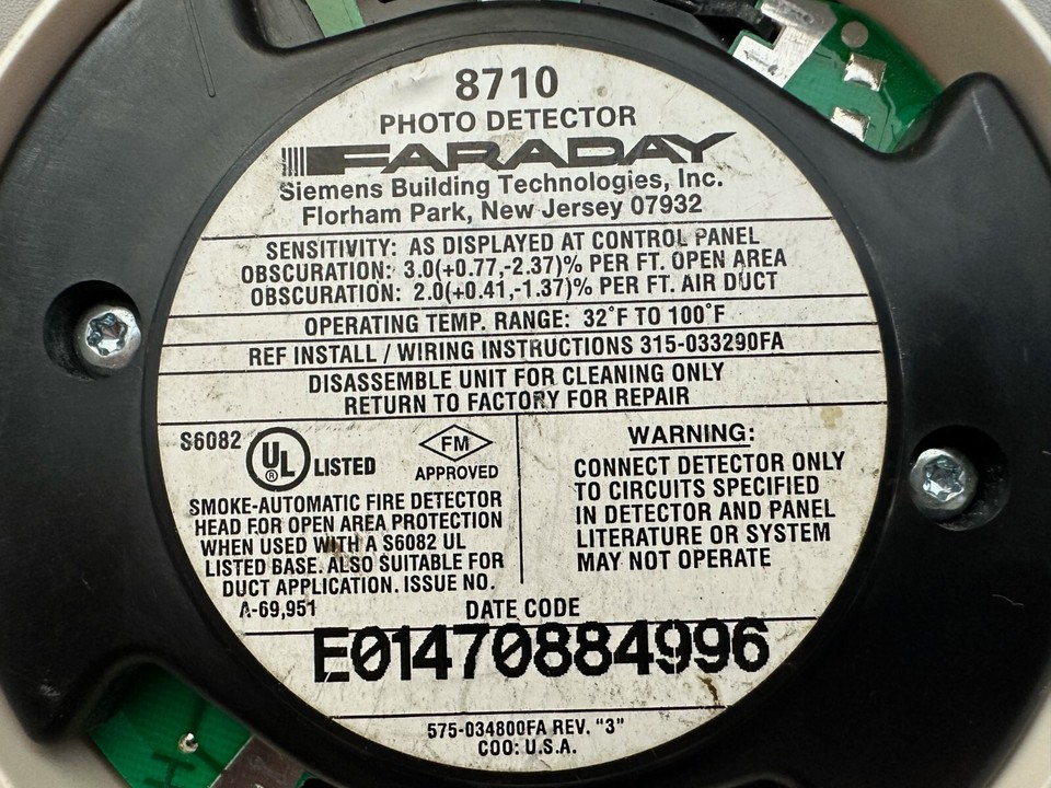 FARADAY 8710 Smoke Detector Fire Alarm 500-034800FA FREE SHIPPING ...