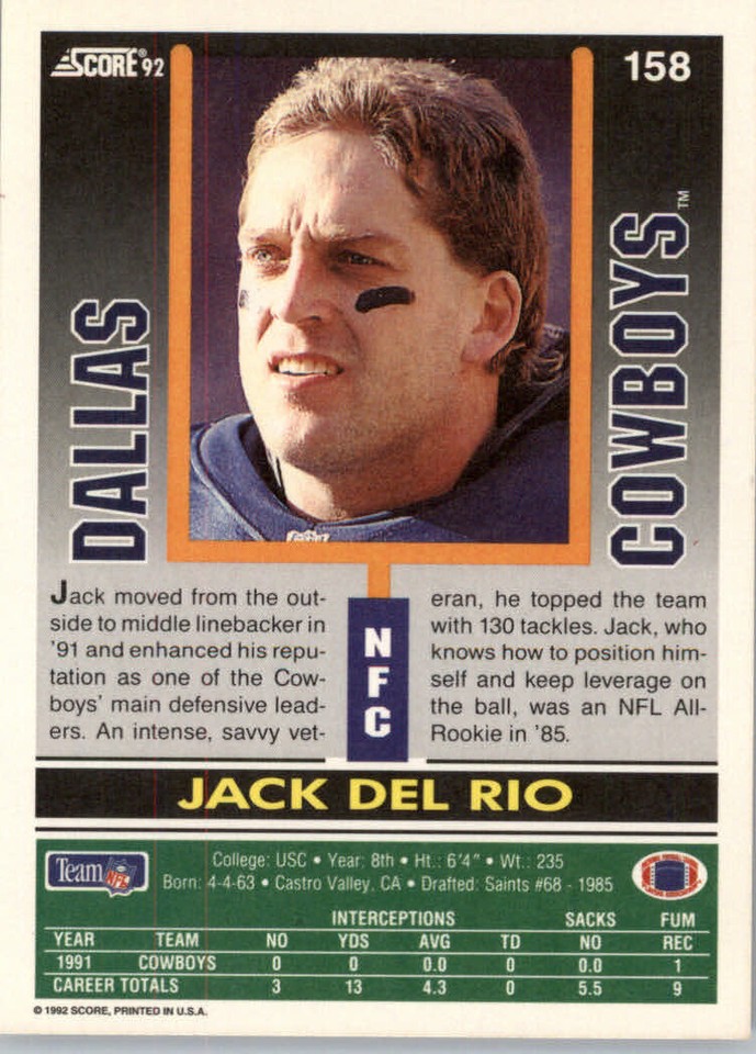 1992 Score Football #158 Jack Del Rio - Dallas Cowboys | eBay
