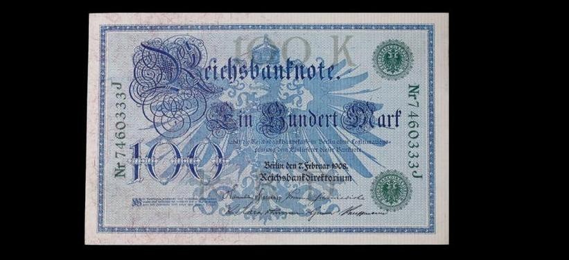 1908 German 100 Mark Banknote. German Paper Money WW1, Nr 7460333J ...
