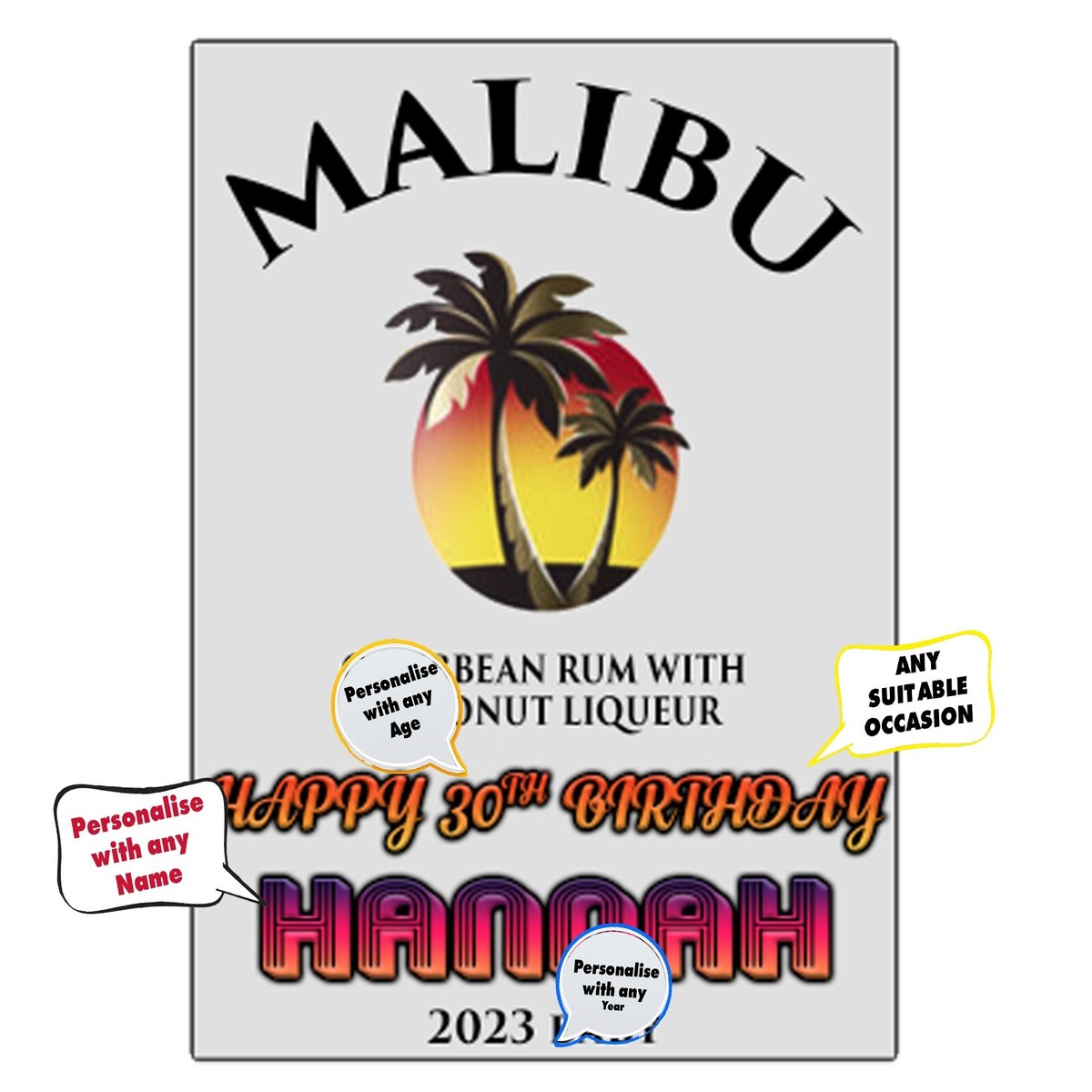 Malibu Rum Logo Personalised Malibu Coconut Rum Bottle Label Sticker