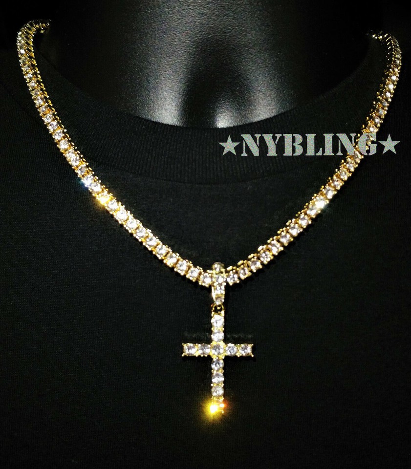14k Gold Plated Tennis Chain Cross Pendant CZ Choker Necklace ICED ...