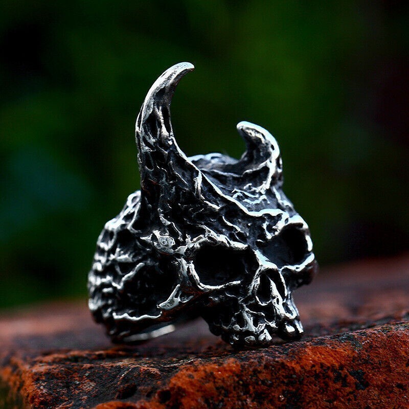 Gothic Wacky Satan Horn Skull Ring Stainless Steel Men's Retro Biker ...