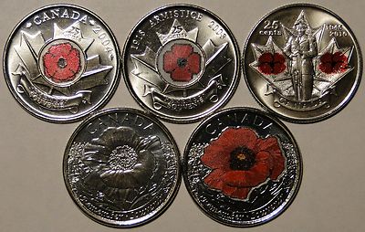 *Lest We Forget* BU Canada 2004 2008 2010 2015 poppy quarter coin set ...