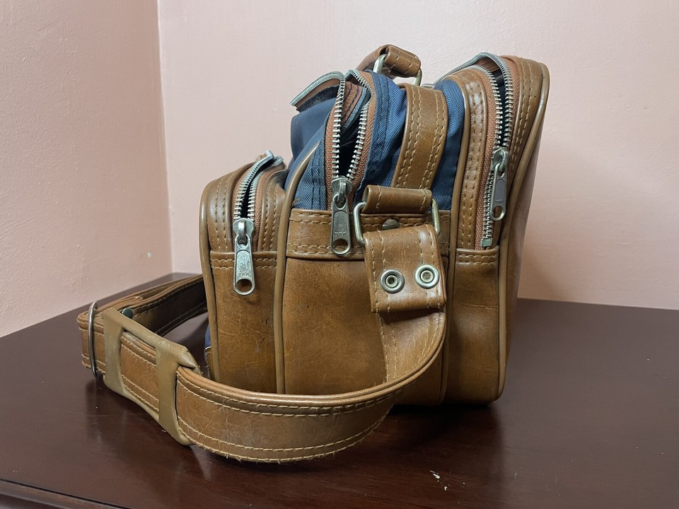 YKK Vintage Camera Bag with Leather with Navy Blue Bag with Straps | eBay