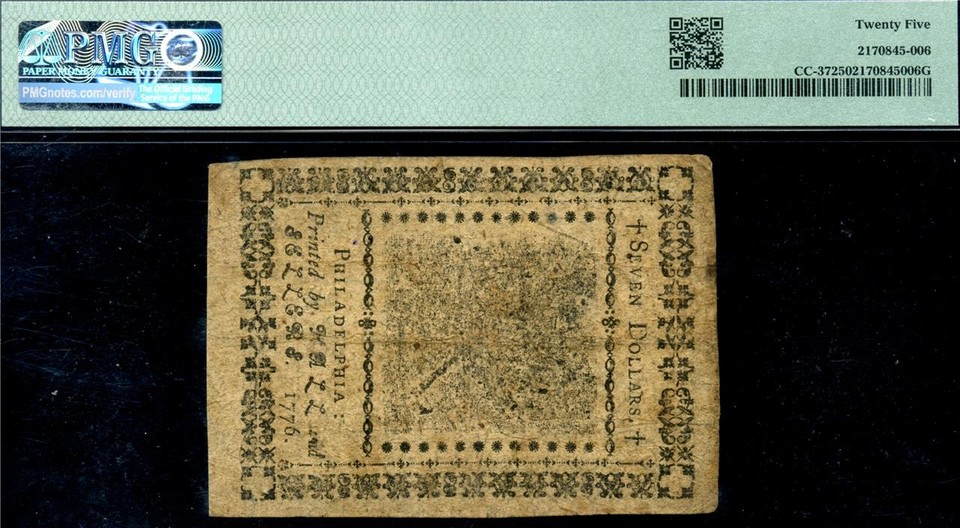 HGR 1776 CONTINENTAL CURRENCY $7 CC-37 ((Revolutionary War Issue)) PMG ...