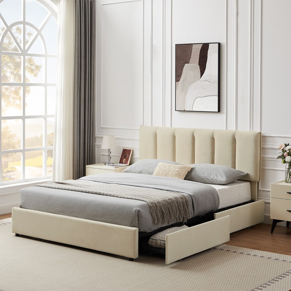 VECELO Upholstered Queen Full Bed Frame w/ 4 Storage Drawer Wooden Slat ...