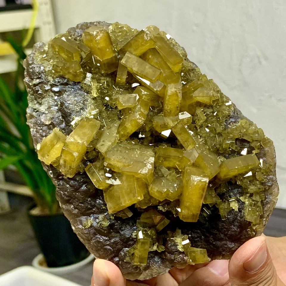 2.09LB Shiny Golden Cuboid Barite Crystal Based on the Purple Spherical ...