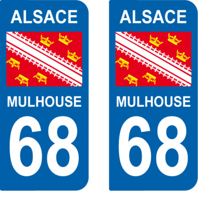 2 Stickers style immatriculation auto drapeau et texte ALSACE 68 ...
