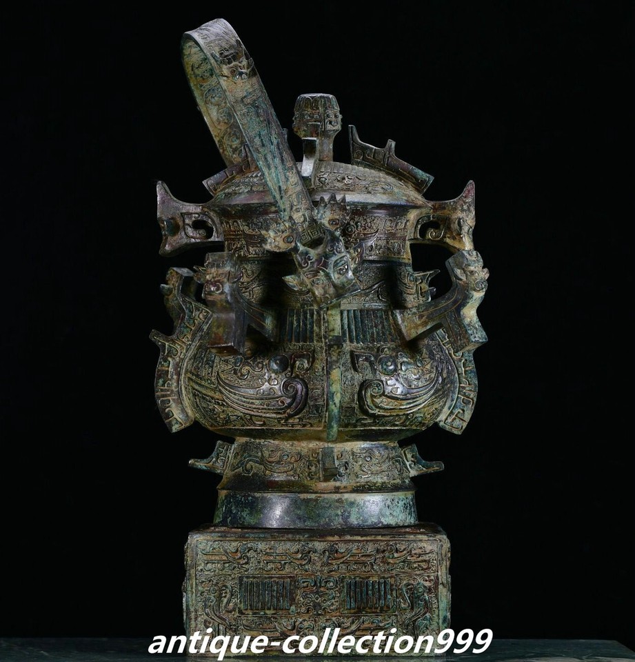 17"Old Bronze Ware Dragon Phoenix Cattle Beast Head Face Portable Tea ...