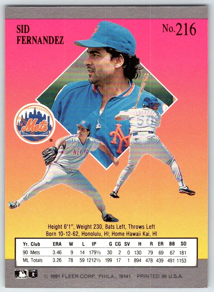 1991 Fleer Ultra Baseball Card Sid Fernandez #216 New York Mets | eBay