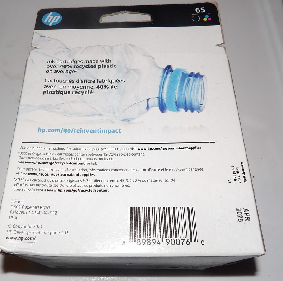 2 Pack Genuine HP 65 (T0A36AN) Black & Tri Color Ink Cartridges Dated ...