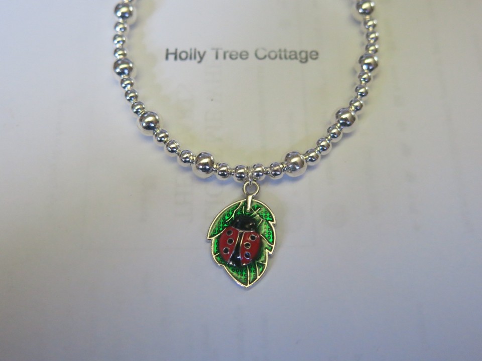 chunky 6mm and 4mm silver plated beaded bracelet enamel ladybird on ...