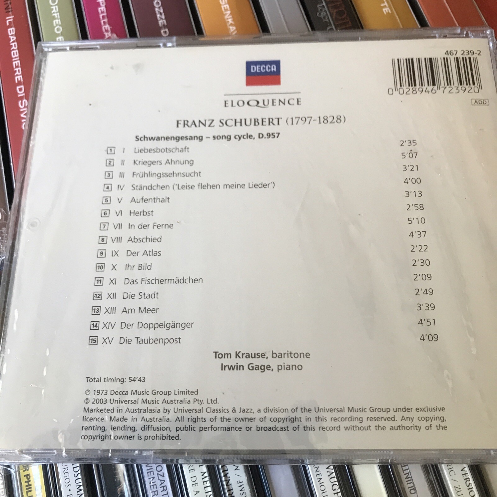 Schubert Schwanengesang Tom Krause / Irwin Gage CD #A2 | eBay