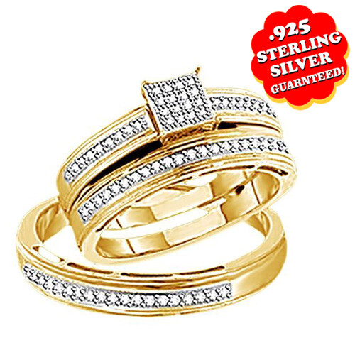 Natural Round Diamond Trio Ring Set 14K Yellow Gold Plated Sterling ...