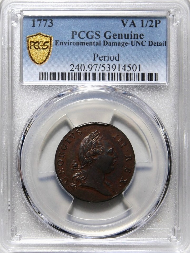 1773 Virginia Halfpenny, Period (PCGS UNC Details) - Colonial Copper ...