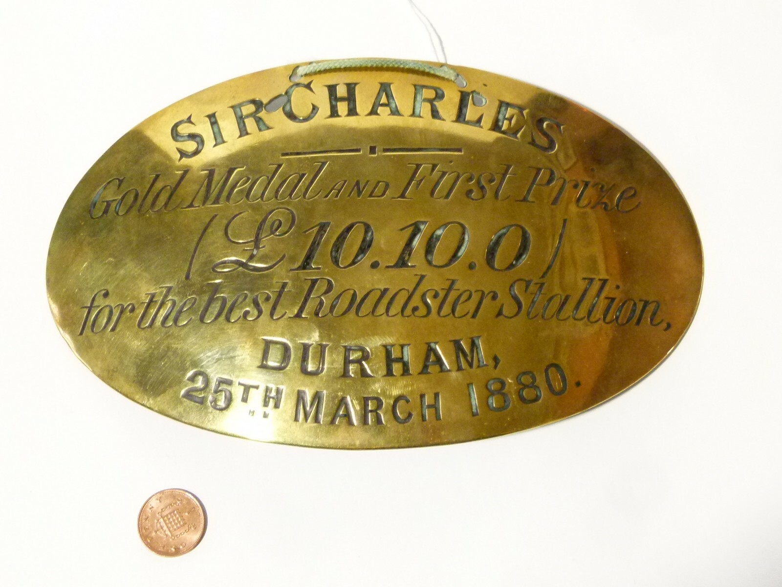 1880 SIR CHARLES 1st Prize Durham Show Best Roadster HORSE BRASS Breast ...