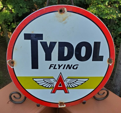 VINTAGE "TYDOL ETHYL" W/ FLYING A GASOLINE WINGS 9 3/4" PORCELAIN METAL ...