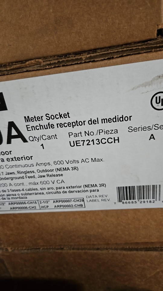 Eaton 200 AMP, 3-Phase 7-Jaw Ringless Bypass Meter Socket Can UE7213CCH ...