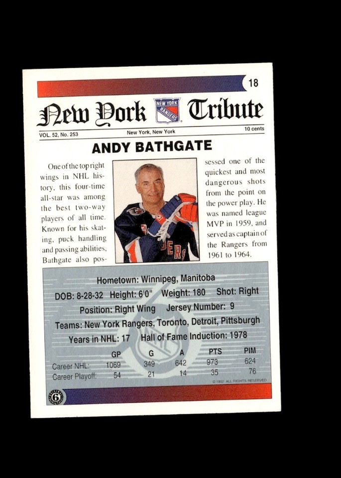 Andy Bathgate 1991-92 Ultimate Original Six Rangers authentic ...
