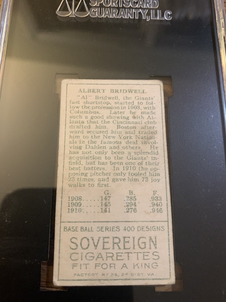 1911 Sovereign Cigarettes T205 Albert Bridwell Card SGC 4 | eBay