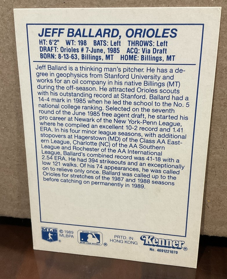 JEFF BALLARD 1990 KENNER STARTING LINEUP CARD “ROOKIE YEAR” - ORIOLES ...