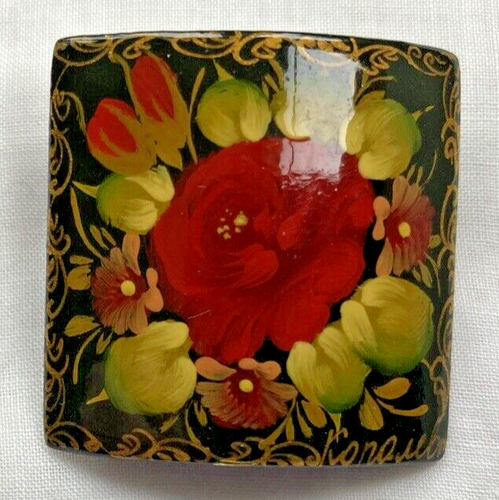Vintage RUSSIAN Lacquer Pin Floral Red Gold Brooch Hand Painted Signed ...