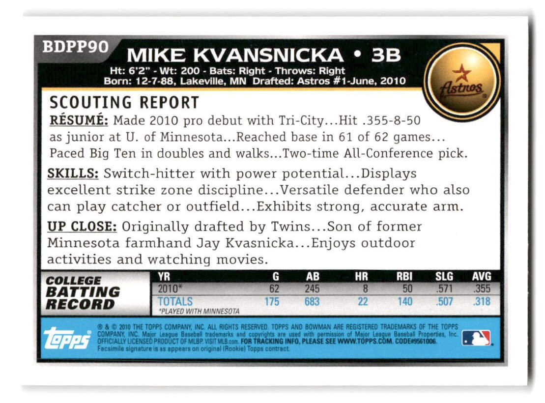 2010 Bowman Draft Picks & Prospects - Draft Picks Mike Kvasnicka # ...