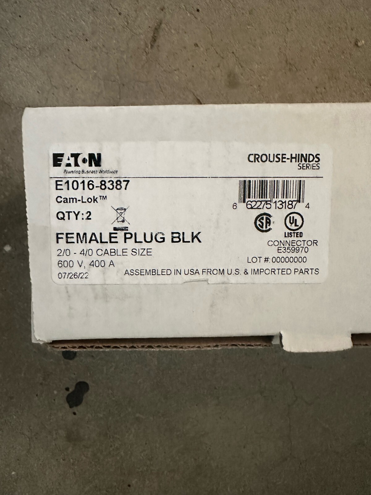 Eaton Cam-Lok E1016-8387 Female Plug Single Pole QTY (2)per BX 2/0-4/0 600V 400A | eBay