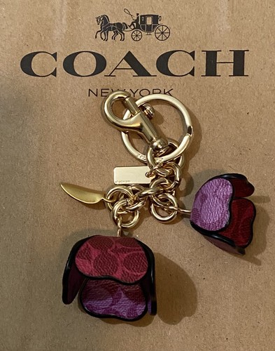 Coach Studded Red / Purple Canvas Tea Rose Bag Charm Keychain Key Ring ...