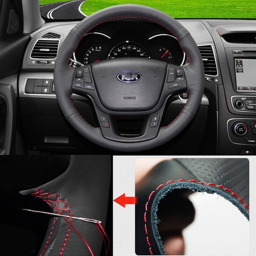 For Kia Sorento Car Steering Wheel Cover Non-slip DIY Hand Sewing Black ...