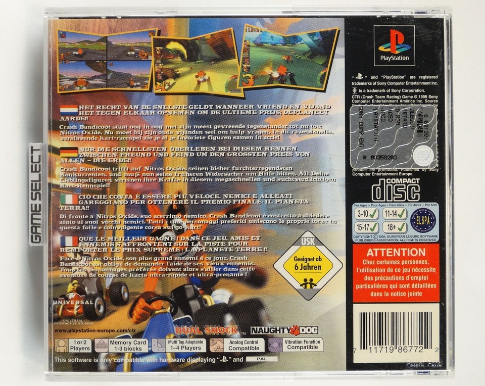 CTR CRASH TEAM RACING BANDICOOT PLAYSTATION 1 PS1 PS2 PS3 PAL ITALIANO ...
