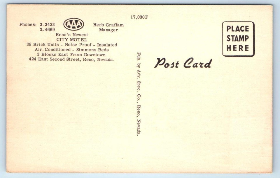 RENO, Nevada NV ~ Roadside CITY MOTEL c1950s Linen ~ Herb Graffam Mgr ...