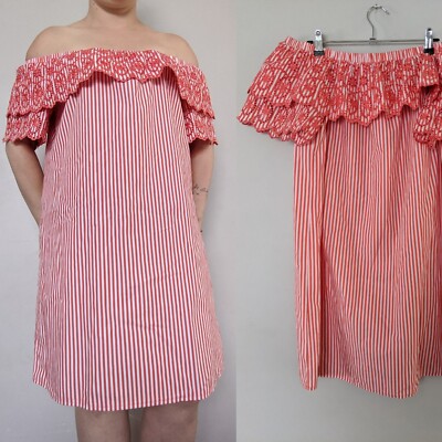 French Connection Sz 14 Off Shoulder Striped eyelet lace Dress AS NEW ...