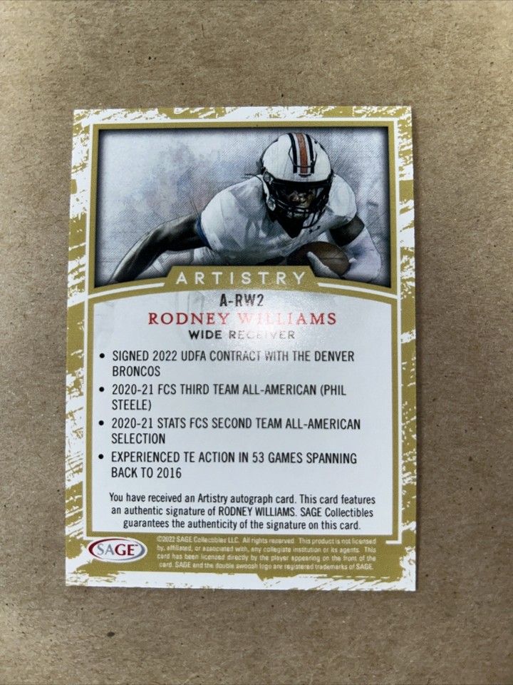 2022 Sage Football Rodney Williams Rookie Artistry Auto #A-RW2 | eBay